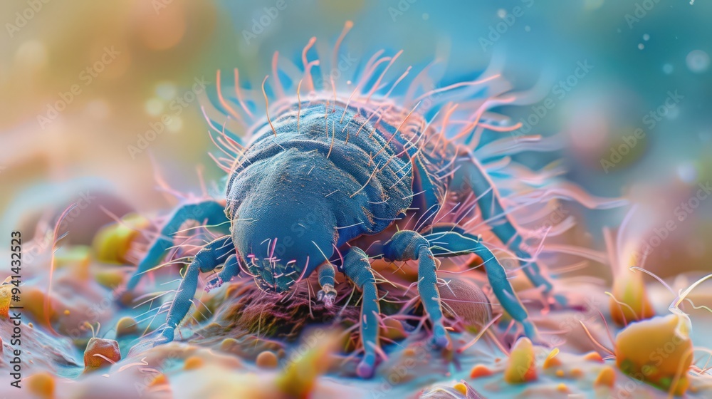 Magnified image of a dust mite, showcasing the detailed anatomy and ...