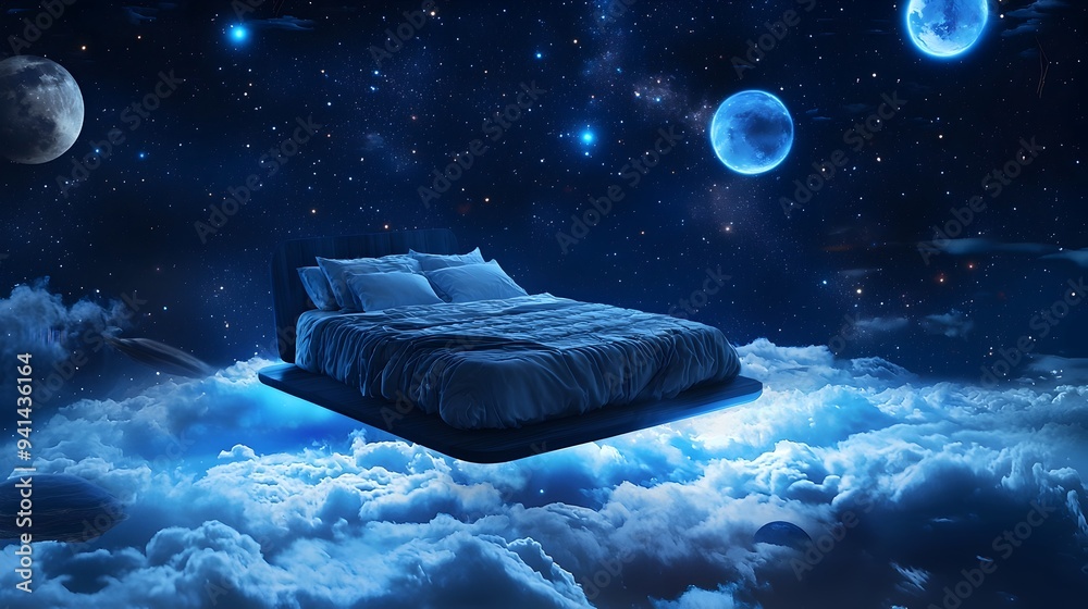Dreamtime Floating Bed in Starry Night Sky Conveying Fantasy and Wonder ...