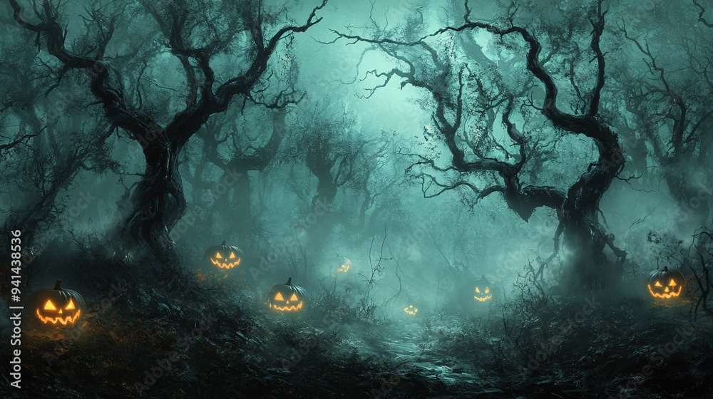 Spooky Halloween artwork, a dark, eerie forest with twisted trees and foggy shadows, with a few ...