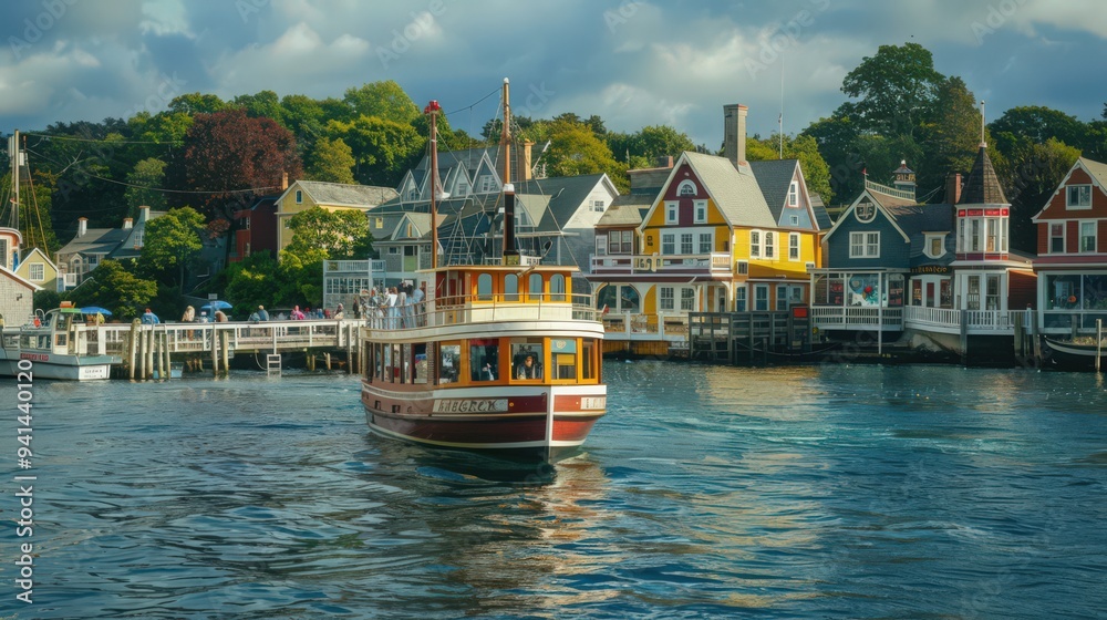 Show a ferry docking at a quaint seaside village, with colorful ...