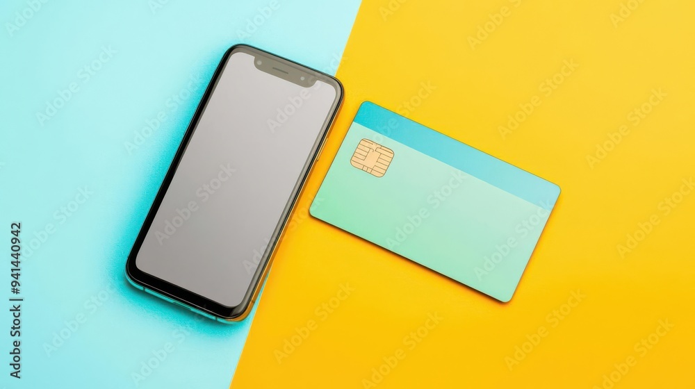 Smartphone screen with split view one side shows a physical card, the ...