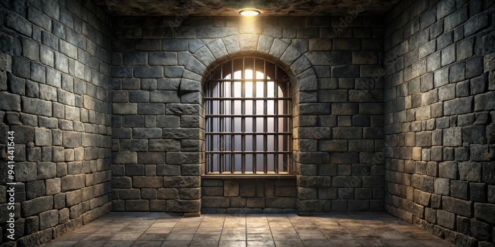 Dark and eerie medieval dungeon cell with a single barred window ...