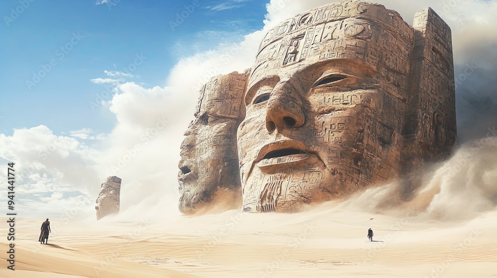 Gigantic, intricately carved stone heads with facial features ...