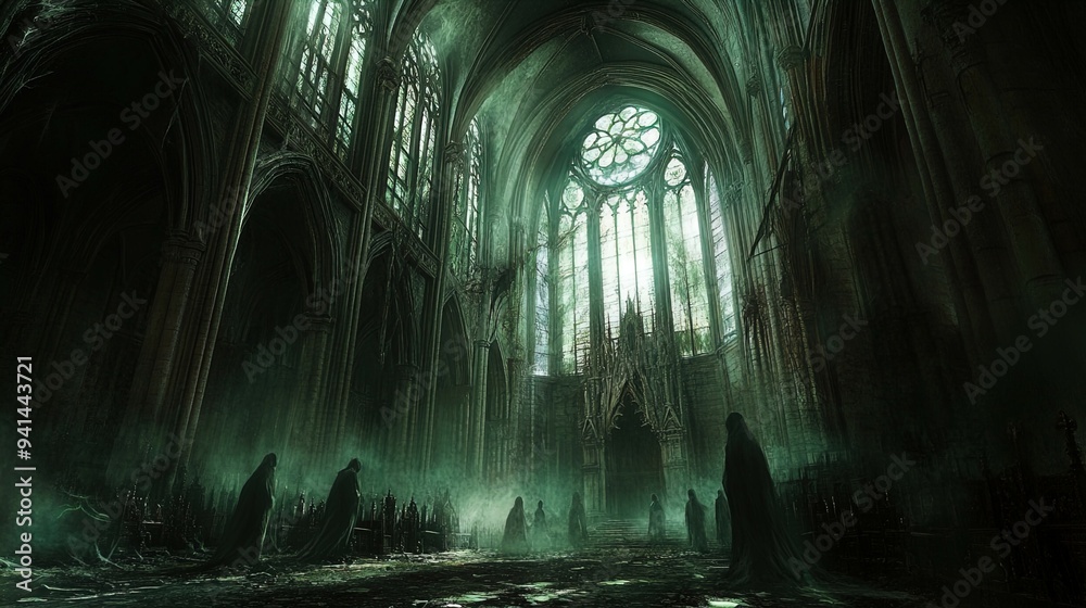 A dark and eerie cathedral interior filled with an almost supernatural ...