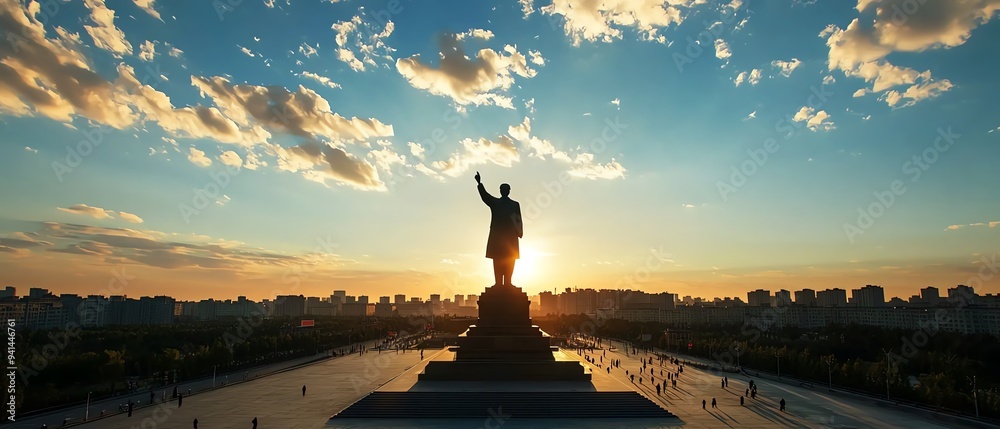 A massive statue of leader with communist slogans in a bustling Chinese ...