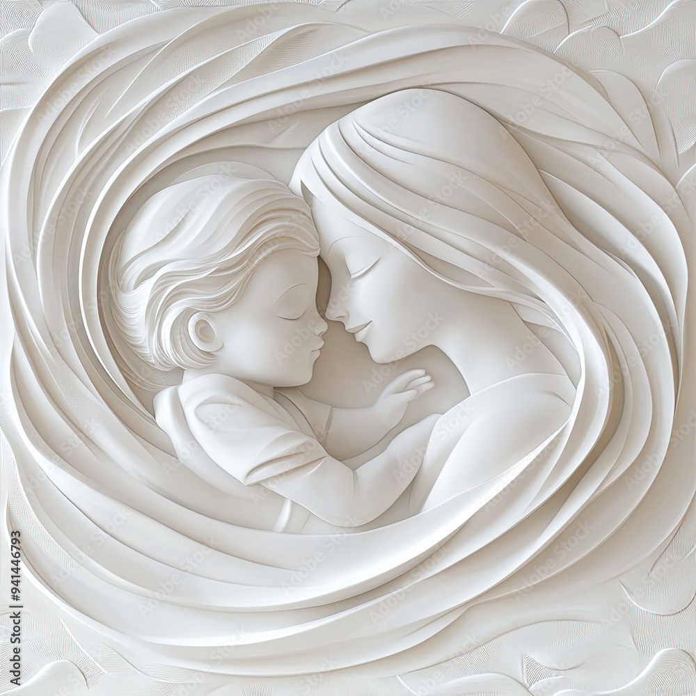 3D bas-relief of a mother and child close-up in vanilla and beige tones ...