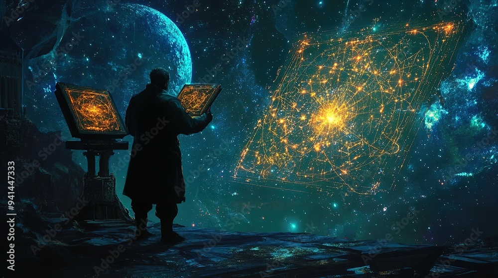 A person stands on an alien, rocky outcrop, surrounded by a vast cosmic ...
