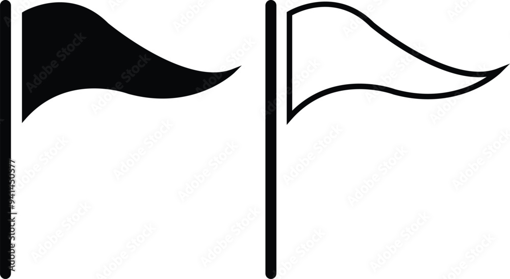 Flag line icon set. Checkered flags, location marker, waving pennant, bookmark, pin minimal ...