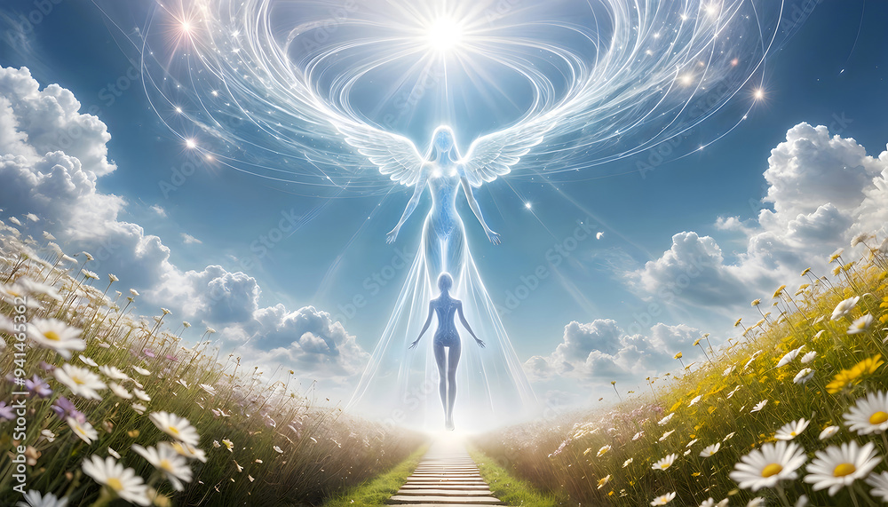 Celestial scene of female figure stands in front of an angelic figure ...