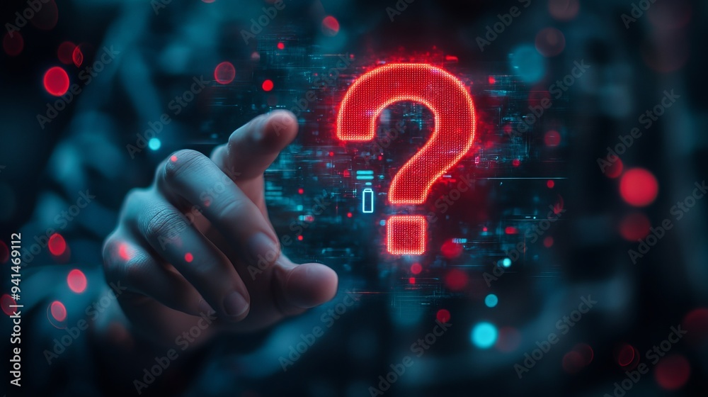 Man finger clicks on the question mark icon. Plus symbol for web design ...