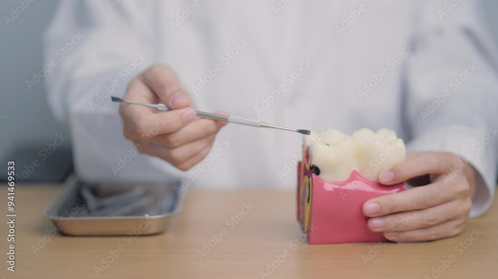 Dentist with tooth Anatomy model. Oral Teeth decay and disease, Scrape ...