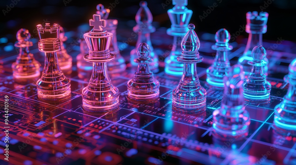 Neon chess pieces illuminate a circuit board, their binary code ...