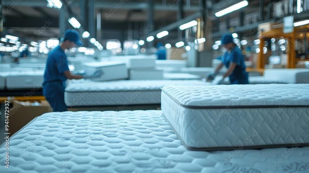 Mattresses Stacked in a Factory Warehouse, Workers Arranging the Beds ...