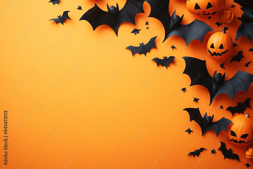 Halloween corner border of scattered candy and decor. Above view over an orange banner ...