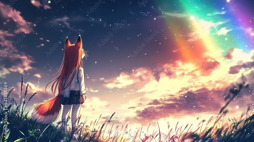 Beautiful Anime Fox Gazing at the Sky with Rainbow Stars: Enchanting ...