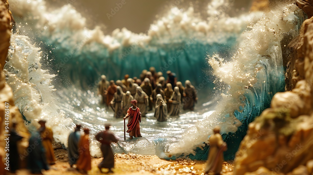 A miniature scene of Moses parting the Red Sea, with the waters ...