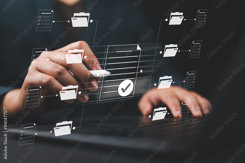 Electronic document management system concept. Businessman writing ...