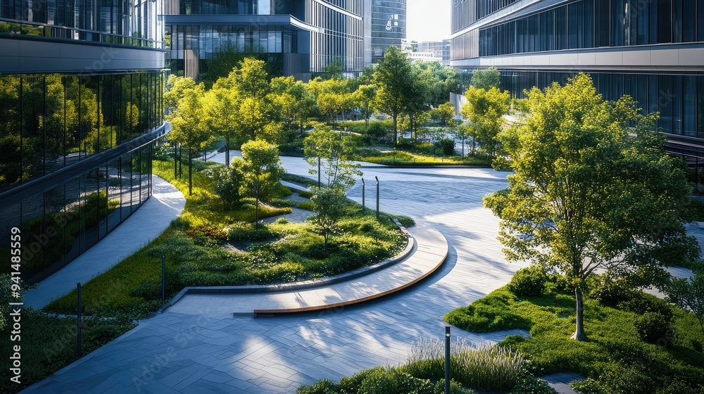 A modern office park with a central platform surrounded by green spaces ...