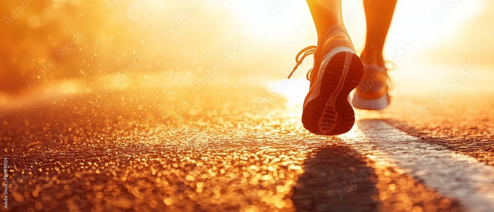 Runner s Feet on Asphalt Road with Sunset Bokeh Stock Illustration ...