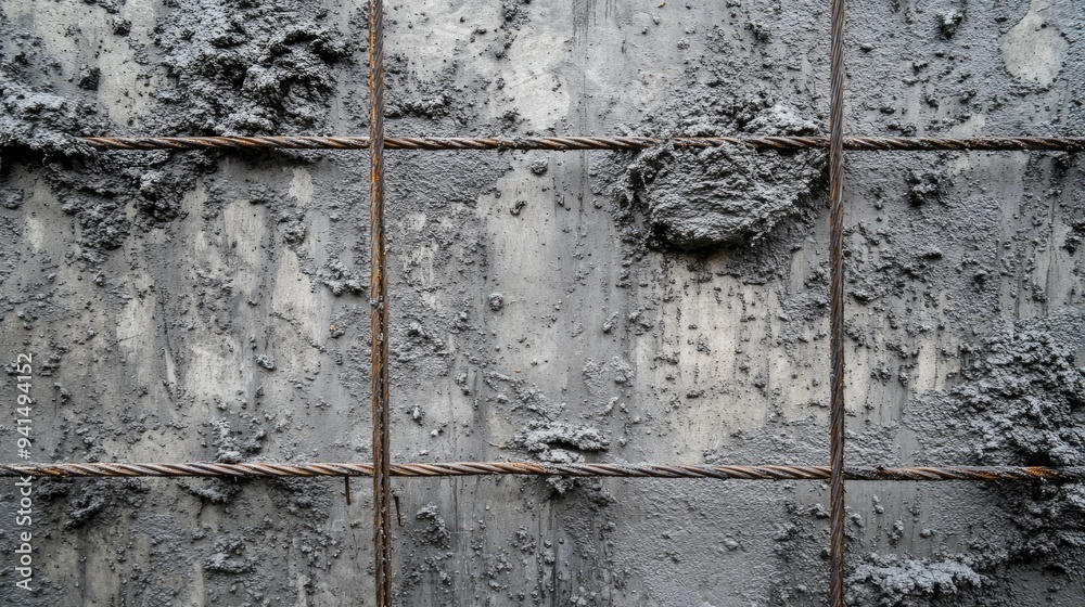 Background of an unfinished concrete foundation with visible rebar and ...