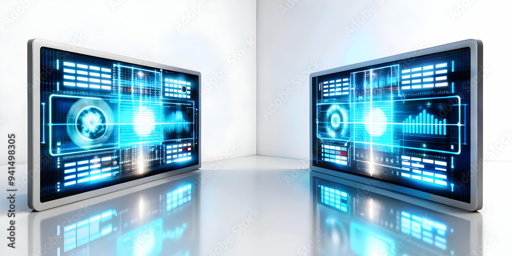 3D Futuristic interface panels with floating data on an isolated white ...