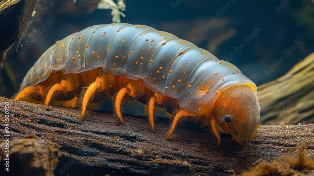 Colorful aquatic insect larvae crawling on a submerged log in a river ...