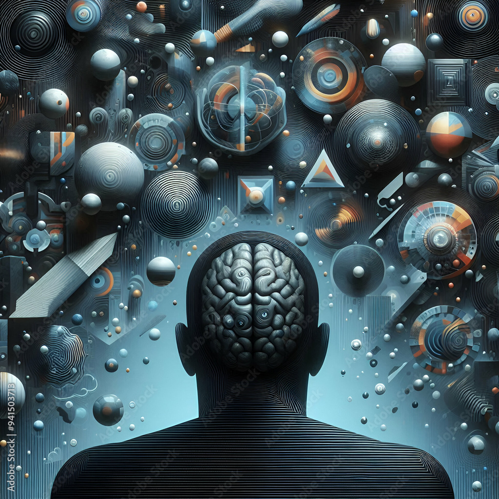 Abstract Head Silhouette Surrounded by Odd Shaped Dark Colored Objects ...