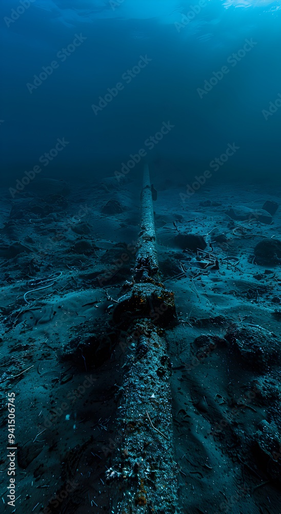 An underwater internet communication cable on the seabed under ocean ...