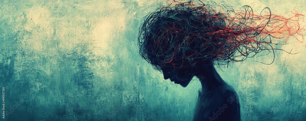 Surreal artwork featuring a silhouette of a person with chaotic ...