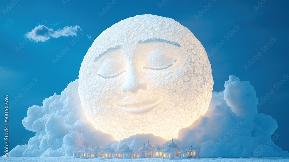 Smiling moon face with closed eyes, glowing from within, emerging from ...