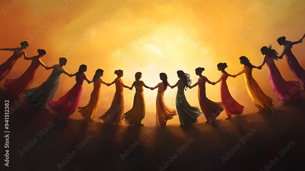 An evocative illustration of women holding hands to create a circle of ...