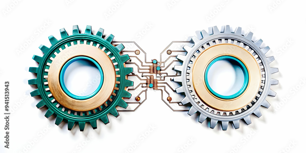 Flat Interconnected gears with digital circuits on an isolated white ...