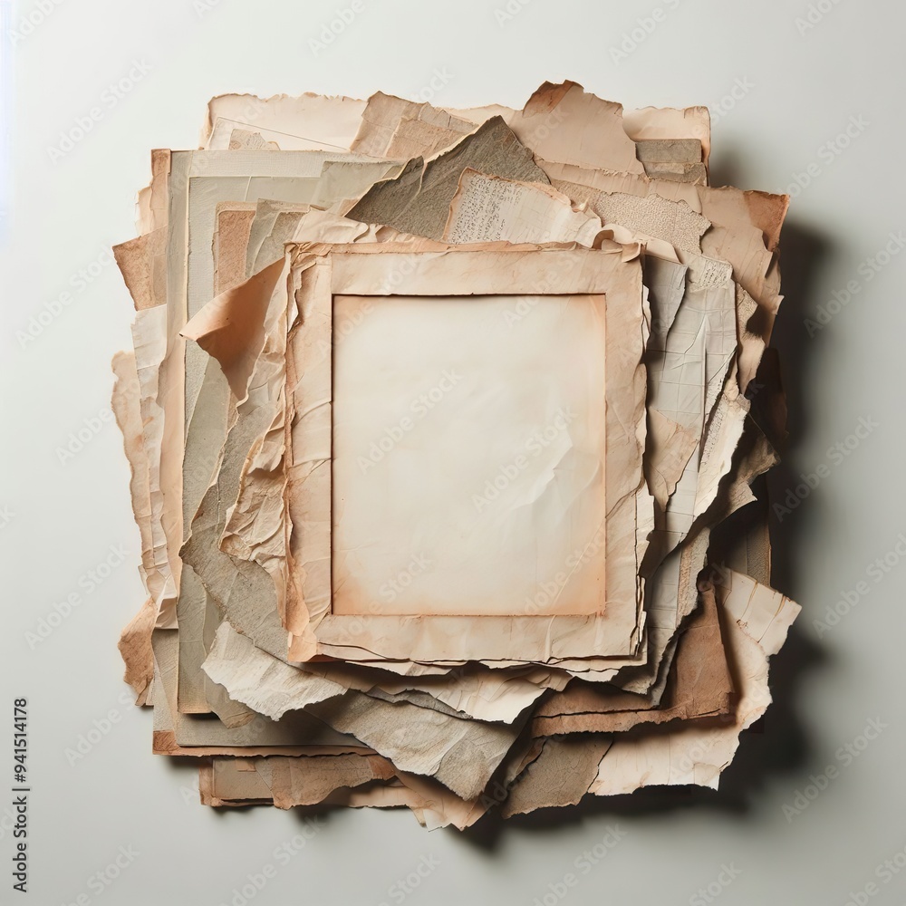 An empty, aged paper frame surrounded by layers of torn, textured paper ...
