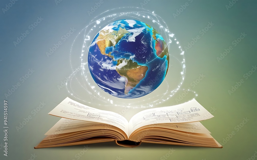 An awe-inspiring illustration of Earth suspended above an open book ...