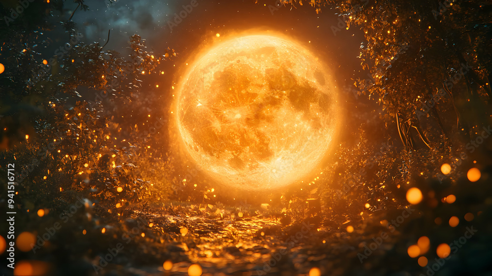 3D Icon as Abstract digital art of moonlit night with glowing elements ...