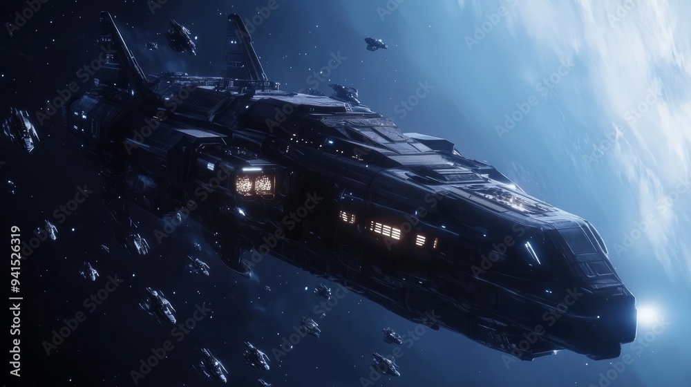 Futuristic Sci-Fi Starship Surrounded by a Formation of Spaceships ...
