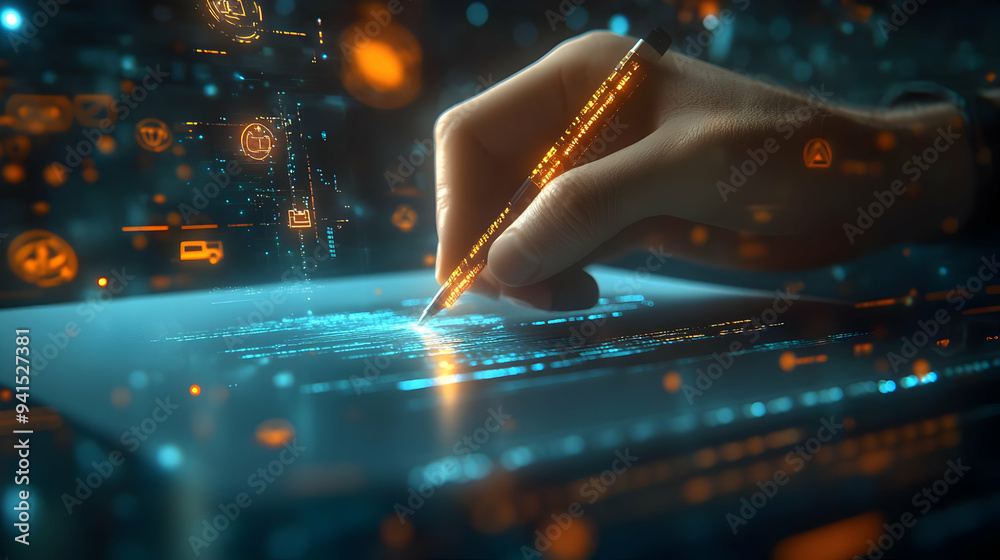 3D Icon as Hand signing contract with holographic cyber security icons ...