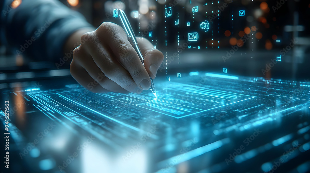 3D Icon as Hand signing contract with holographic cyber security icons ...