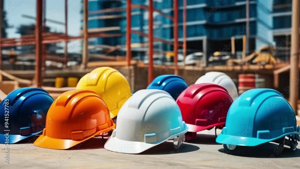variety of colored safety helmets on a construction site represents ...