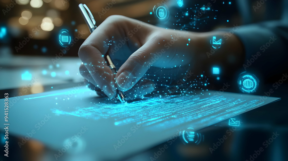 3D Icon as Hand signing contract with holographic cyber security icons ...
