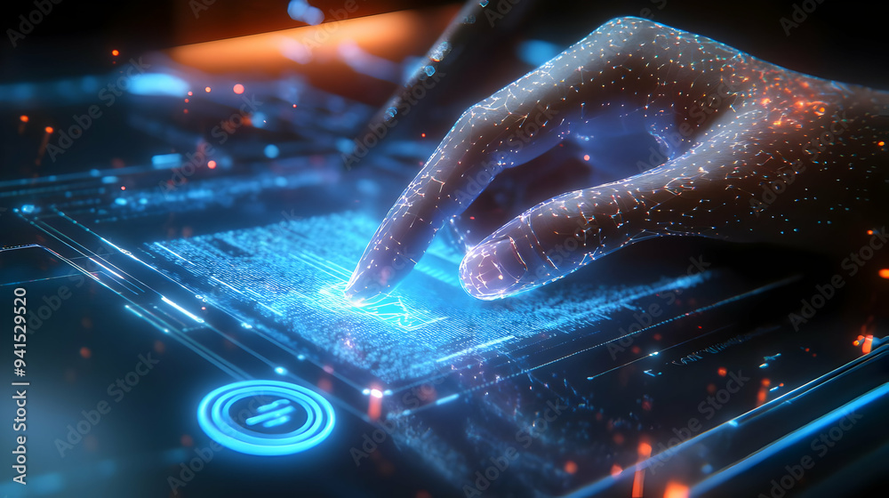 3D Icon as Hand signing contract with holographic cyber security icons ...