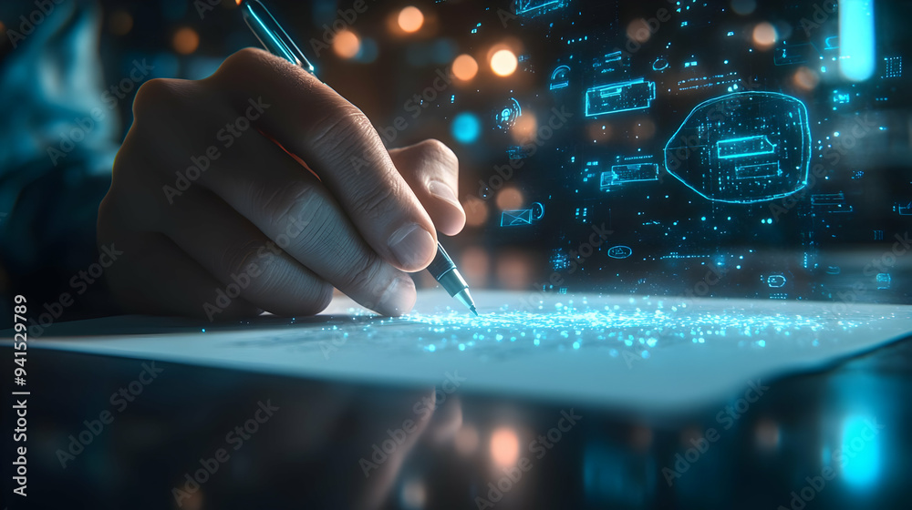 3D Icon as Hand signing contract with holographic cyber security icons ...