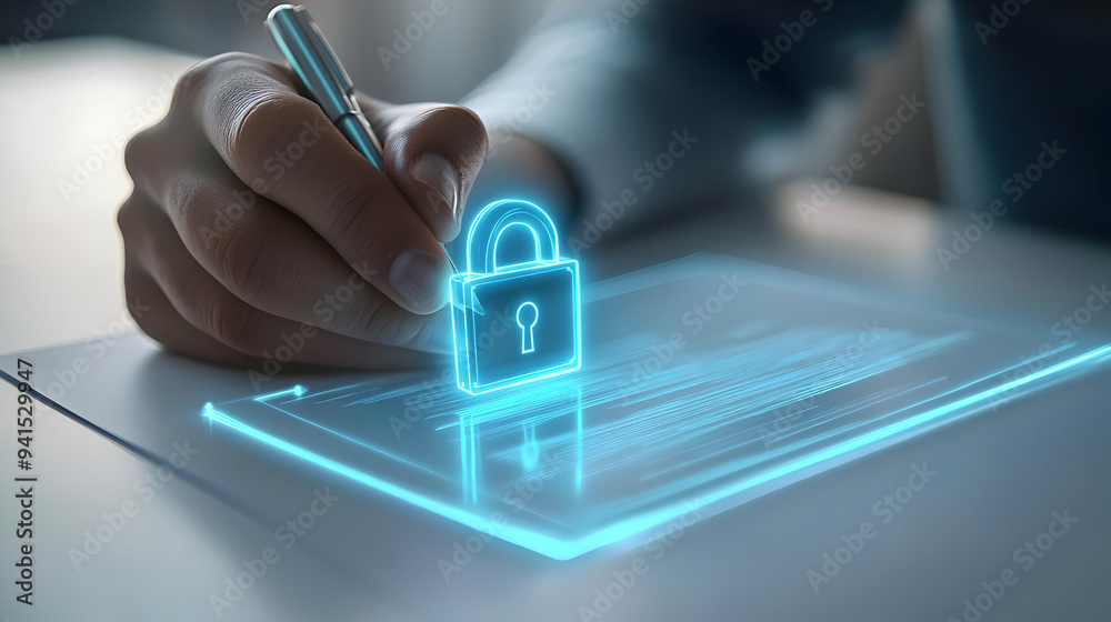 3D Icon as Hand signing contract with holographic cyber security icons ...
