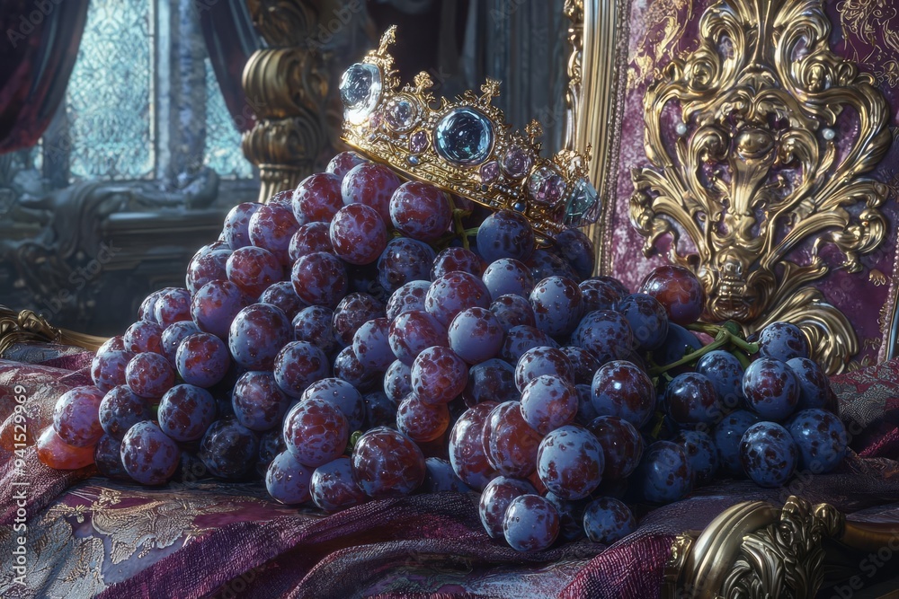 Regal display of luscious grapes adorned with a golden crown, combining ...