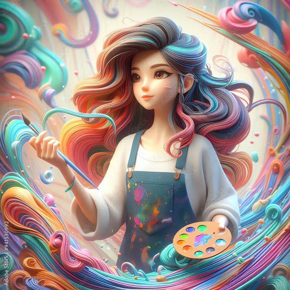 3D-rendered cartoon character of a young artist with flowing ...