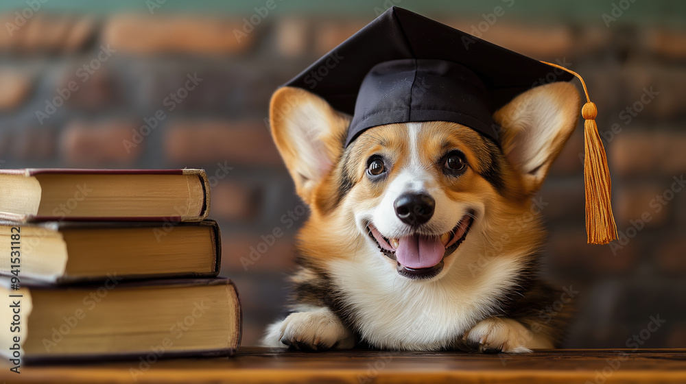 Adorable Corgi Wearing Graduation Cap Next to Books in Cozy Library ...