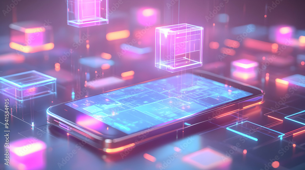 3D Icon as Mobile phone with holographic cyber security icons concept ...