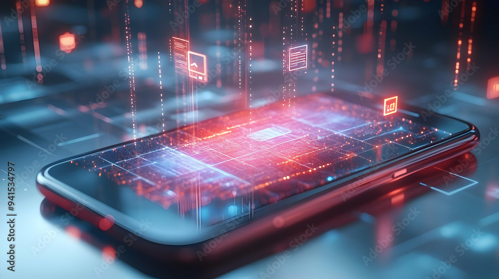 3D Icon as Mobile phone with holographic cyber security icons concept ...