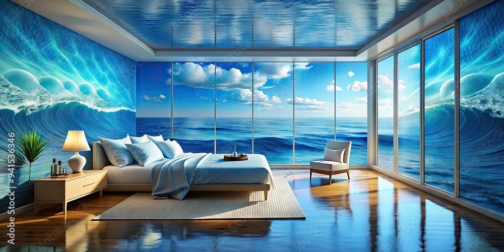 Azure Ocean Haven: Deep azure walls, rippling water patterns, calming ...