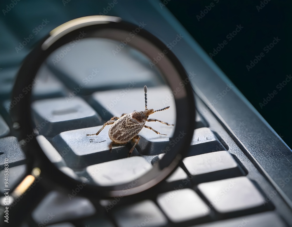 Dust mite on the keyboard. keyboard with a magnifying glass hanging ...
